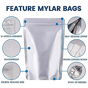 YunKo 100 PACK Mylar Bags for Food Storage Resealable Zippered Foil Bags Sealable Packaging Bags Stand Up Bags For Coffee Bean，Tea (10"X14", 7"x10", 5"x8")