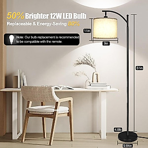 2024 LED Floor Lamps for Living Room, 12W 1200LM Modern Arc Floor Lamp with Remote & Adjustable Linen Lampshade, 12 Color Temperature Stepless Dimmable Tall Standing Lamp for Bedroom Office Reading