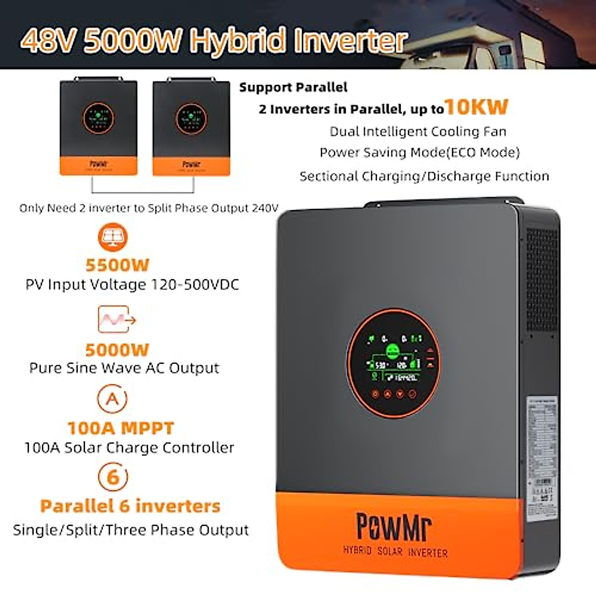 PowMr 5000W Solar Inverter 48V DC to 110V/240V AC Split Phase Inverter Pure Sine Wave Power Inverter with 100A MPPT Controller 5000W Hybrid Inverter, Max.PV Input 5500W, 500VDC, Parallel 6 inverters