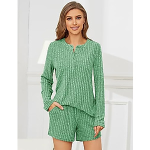 Micoson Womens Pajama Sets Fuzzy Long Sleeve Loungewear Soft Knit Button Top and Shorts 2 Piece Pj Set Sweatsuits for Gift Holiday Green M