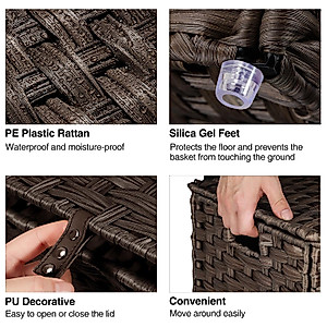 GREENSTELL Storage Basket with Lid, 105L Large Wicker Basket with Lid, Handwoven Blanket Storage Basket with Handles, Removable Cotton Liner, Metal Frame, Foldable for Bedroom, Laundry Room, Brown