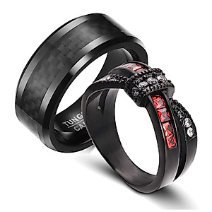 LOVERSRING Two Rings His and Hers Couple Ring Bridal Set His Hers Women Black Gold Filled Red Cz Man Tungsten Carbide Wedding Ring Band Set
