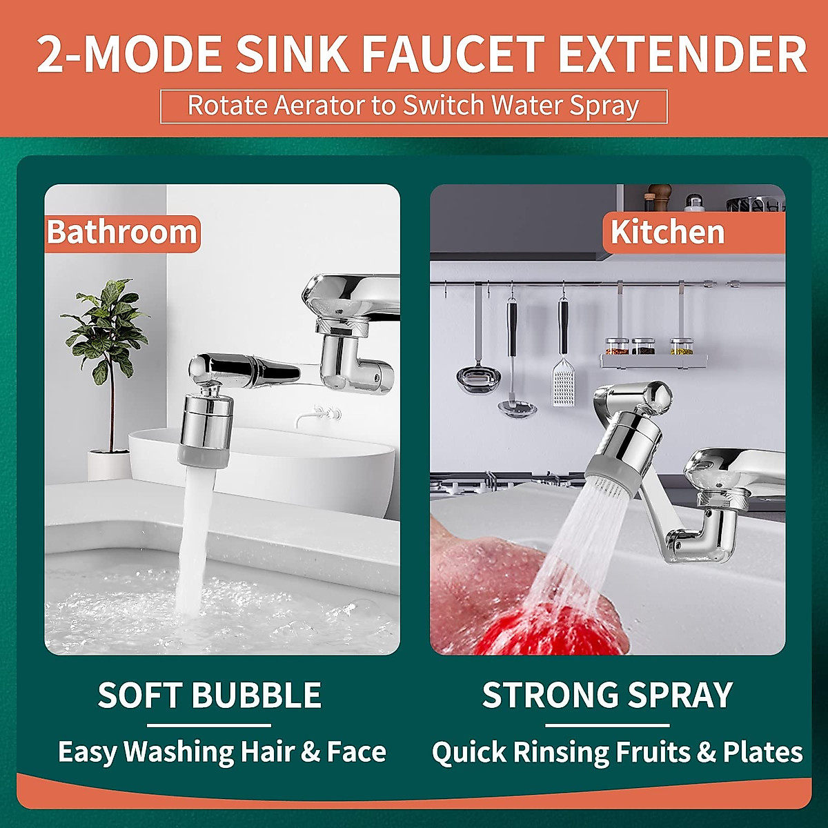 CECEFIN 1080° Swivel Faucet-Extender Sink-Aerator - 2 Mode Splash Water Filter Extension, Kitchen Bathroom 360° Rotatable Spray Attachment, Multifunctional Universal Robotic Arm -Wash Hand/Hair/Face