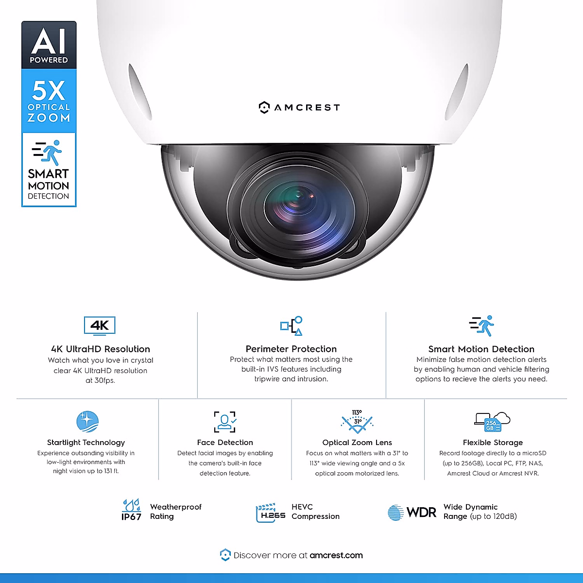 Amcrest 4K Optical Zoom AI POE Camera, Varifocal 8MP Outdoor POE IP Camera Dome, Face/Human/Vehicle Detection, 2.7mm~13.5mm Lens, IP67, 5X Optical Zoom, (IP8M-VD2893EW-AI)