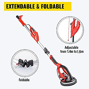 VEVOR Electric Drywall Sander 850W with LED Strip Light, Foldable Sheetrock Sander with Extendable Handle Variable Speed 800-1750RPM,Drywall Sander with 6 Sand Pads