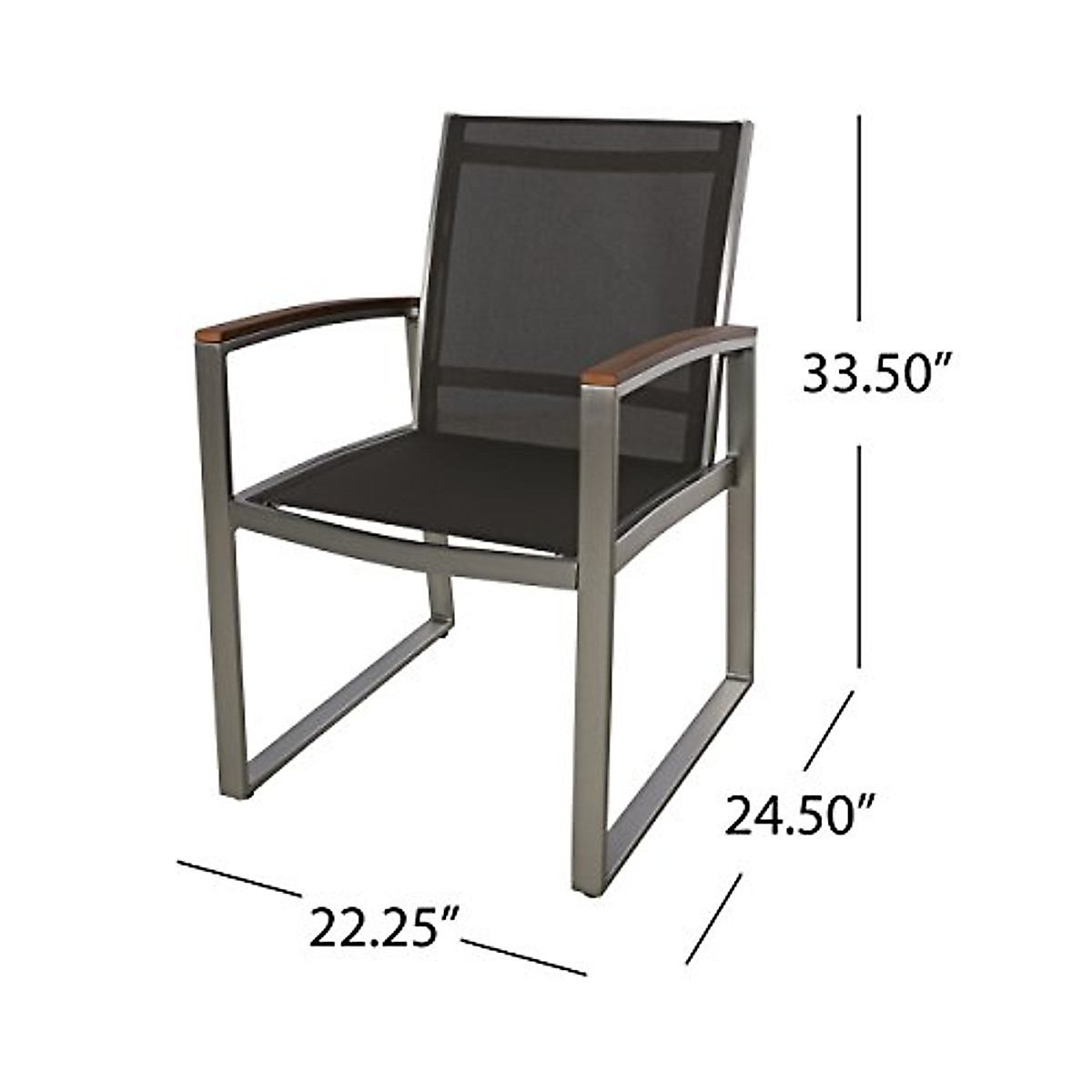 Aubrey Patio Dining Chairs - Aluminum - Outdoor Mesh Seats - Faux Wood Arms - Set of 2 - Silver with Gray and Natural Finish