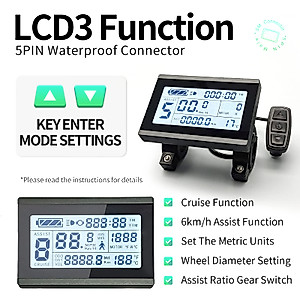 SPOECRTN E-Bike KT-LCD3 24V/36V/48V Display with Waterproof and Normal Plug for KT Controller, Electric Bike Retrofit Kit Accessories (LCD3 WP)