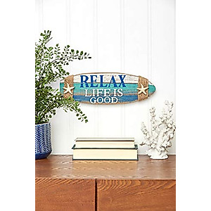 Beachcombers Relax Life is Good Surfboard Shape Coastal Plaque Wall Sign with Starfish Wall Hanging Decor Decoration for The Beach Blue