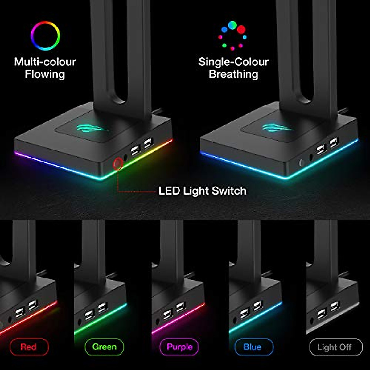 Havit RGB Headphones Stand with 3.5mm AUX and 2 USB Ports, Headphone Holder for Gamers Gaming PC Accessories