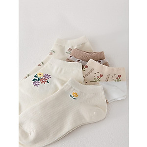 WDIRARA Women's 5 Pairs Floral Print Striped Cute Socks Casual Ankle Crew Socks Multicolor one-size