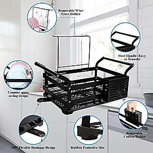 farexon Dish Drying Rack, Large Dish Rack with Drainboard for Kitchen Counter, Sturdy Stainless Dish Drainer with Adjustable Swivel Spout, Removable Wine Glass Holder & Utensil Holder, Black