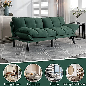 70“ Modern Velvet Futon Couch Sleeper,Convertible Sleeper Sofa Bed with Adjustable Backrests and Folding Armrest for Living Room Bedroom Office Apartment,Split Back,Mattress Included (Green)