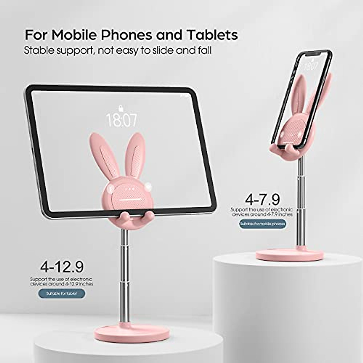 OATSBASF Cute Phone Stand, Adjustable Bunny Phone Stand for Desk, Thick Case Friendly Phone Holder Stand, Compatible with iPhone, Kindle, iPad, Switch, Tablets, All Phones (Pink)
