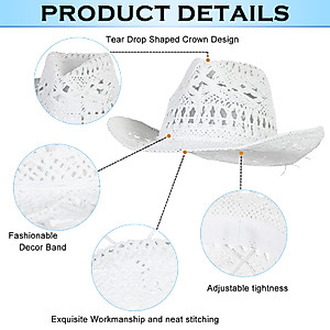 GEMVIE Men & Women's Summer Cowboy Cowgirl Straw Hat Hollow Out Style Roll Up Brim Cowboy Sun Hat White