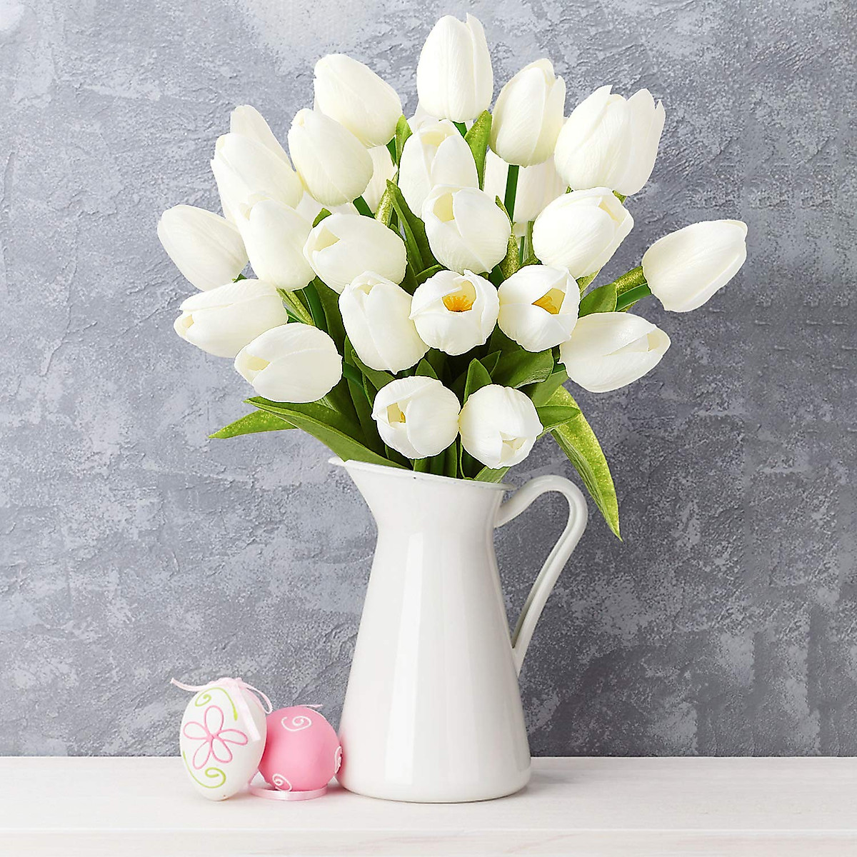 EZFLOWERY 10 Heads Artificial Tulips Flowers Real Touch Arrangement Bouquet for Home Room Office Party Wedding Decoration, Excellent Gift Idea for Mothers Day (10, White)