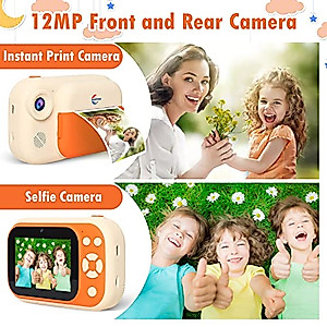 Seemee Instant Print Camera for Kids, Funny Selfie Camera, Kids Digital Camera with 3.5" Screen, 32G Card, Print Papers, Stickers, Dual Cameras HD 1080P, Birthday Gifts Toys for Boys Girls (Beige)