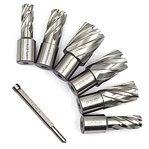 OSCARBIDE Annular Cutter Set 7 Pieces 3/4" Weldon Shank 1"Cutting Depth,1/2 to 1-1/16 inch Diameter,2 Flats Annular Cutters HSS Mag Drill Bits Kit for Magnetic Drill Press with 1 Pieces Pilot Pin