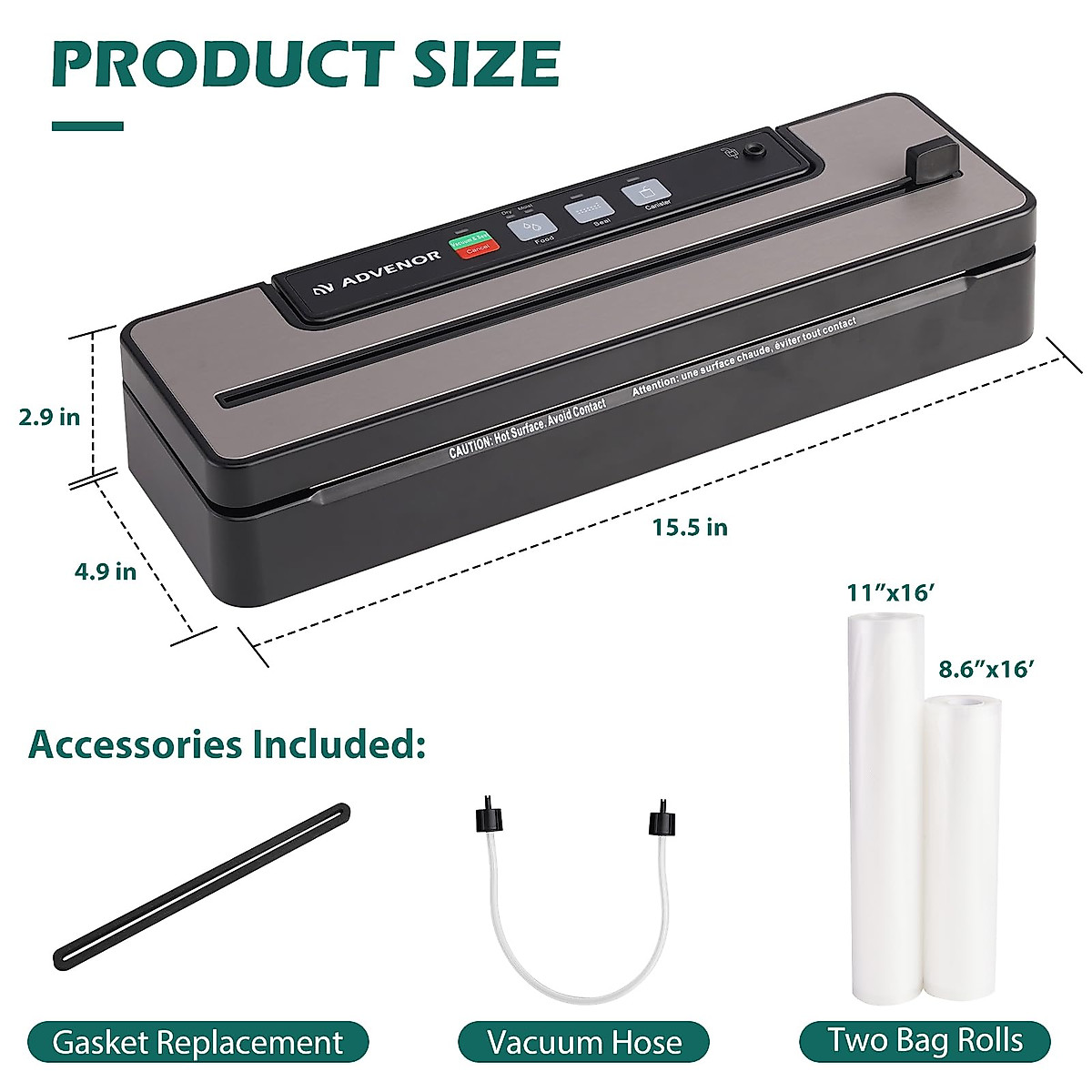ADVENOR Vacuum Sealer Machine with Cutter Widened Double Sealing Strips and Bag Storage, 85Kpa Dry Moist Food Modes Upgraded Locking Design Includes 2 Bag Rolls 8.6"x16'and 11"x16'