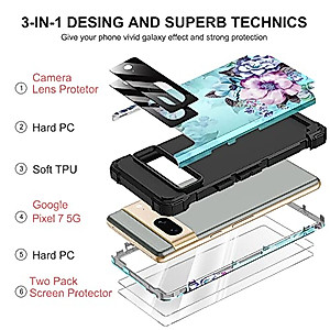 Uamark for Google Pixel 7 Case,Three Layer Heavy Duty Shockproof Full Body Protective with 2 Tempered Glass Screen Protector + 2 Camera Lens Protector Case for Google Pixel 7 5G(2022),Blue Flower