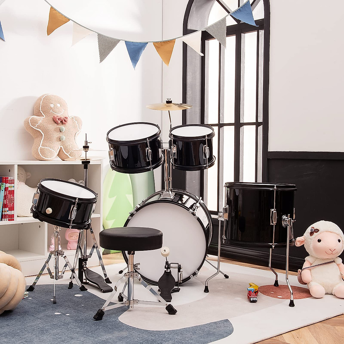 Costzon 16” Kids Drum Set, 5-Piece Full Size Complete Junior Drum Set with Adjustable Throne, Cymbal, Hi-Hat, Pedal & Drumsticks, Beginner Drum Kit with Bass Snare Tom Drum, Age 3-12, Black