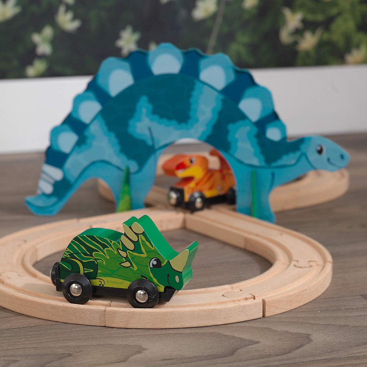 KidKraft Adventure Tracks™: Dino World T-Rex Tremor Cave 15-pc. Wooden Train Track and Vehicle Play Set, Gift for Ages 3+