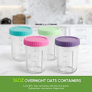 KITCHOP Overnight Oats Containers with Lids and Spoon,Mason Jars,16 Oz Glass Oatmeal Container to Go for Chia Pudding Yogurt Salad Cereal Meal Prep Jars,Pink(Pack of 2)
