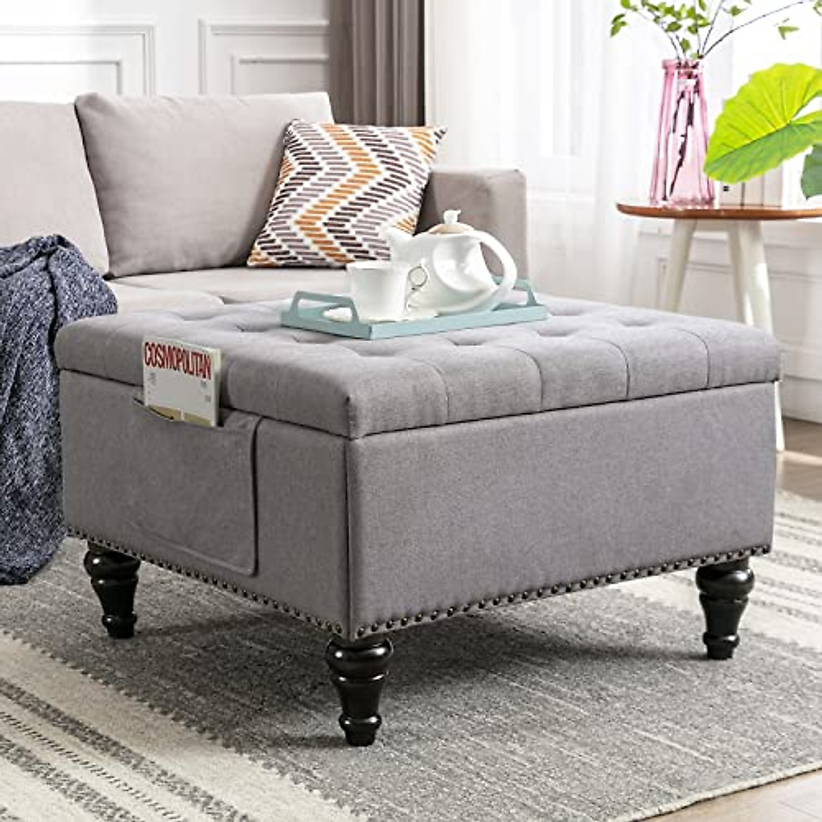 TTGIEET Ottoman, Wide Square Storage Coffee Table Upholstered Tufted Linen Fabric Bench with Large Oversized Foot Rest for Living Room Bedroom (Grey)
