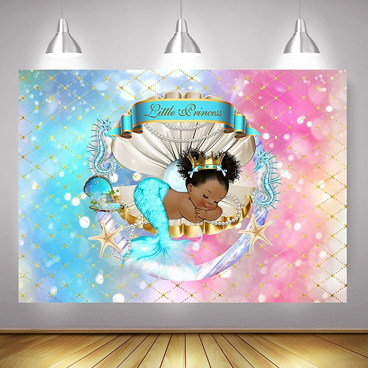 Mocsicka Royal Mermaid Princess Backdrop Under Sea Glitter Shell Crown Background 7x5ft Black Girl Backdrops Banner for Baby Shower, Birthday Party