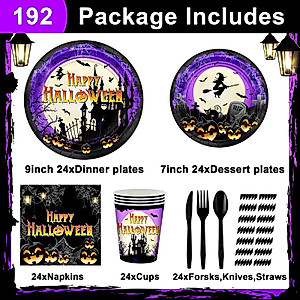 Avezano 192 Pcs Halloween Paper Plates and Napkins Happy Halloween Tableware Scary Moon Night Halloween Birthday Baby Shower Party Decorations Serve 24 (Purple)