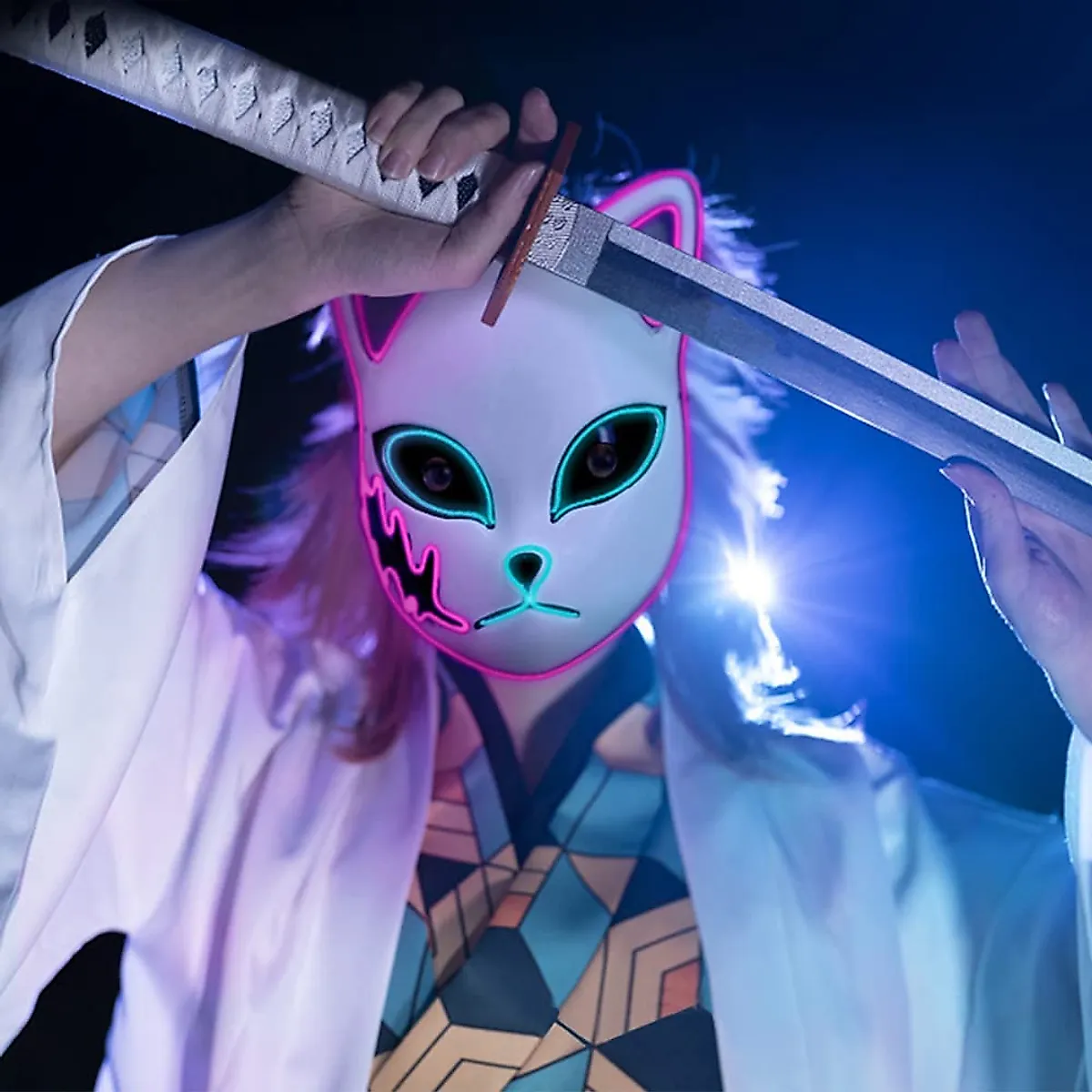 AnNido Halloween Purge Mask, LED Light Up Scary Masquerade Cosplay Mask for Men Women Kids Costume Festival Parties Gifts (Fox-Pink)