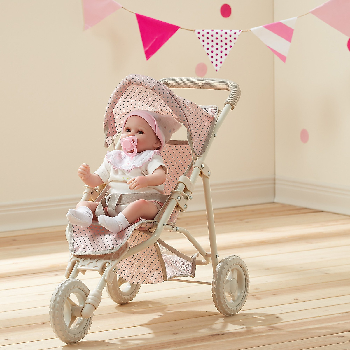 Olivia's Little World Doll Jogging-Style Stroller with Canopy, Storage Underneath, Pink and Cream and Gray