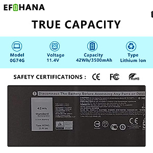EFOHANA 0G74G Laptop Battery Replacement for Dell Latitude 7000 E7290 E7280 E7390 E7380 E7490 E7480 Series Notebook OG74G MXV9V 2PFPW 02PFPW 11.4V 42Wh 3500mAh 3-Cells