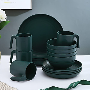 Kyraton 16-Piece Unbreakable Polypropylene Dinnerware Set, Dark Green, Microwave Safe
