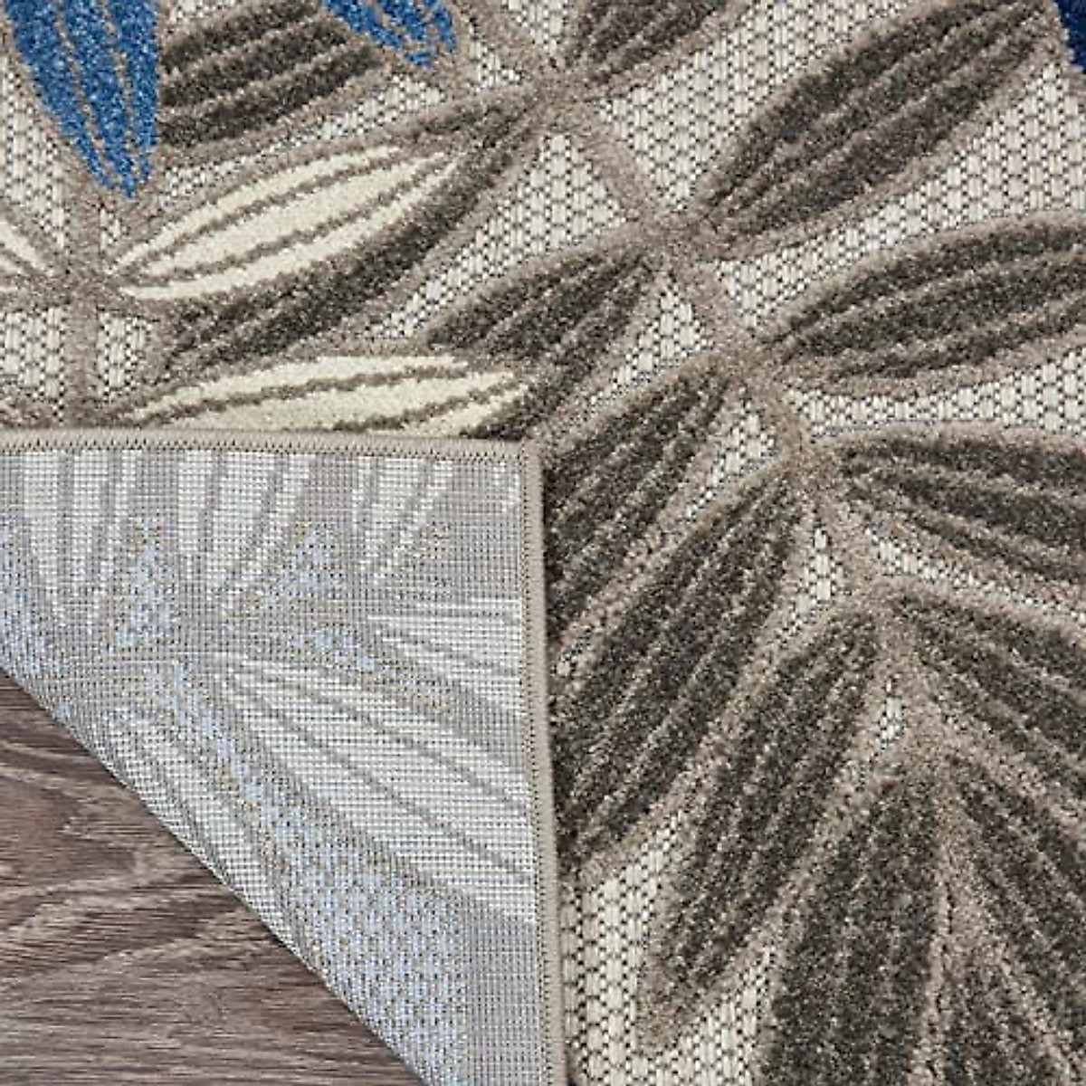 Nourison Aloha Indoor/Outdoor Grey/Blue 2' x 6' Area -Rug, Tropical, Botanical, Easy -Cleaning, Non Shedding, Bed Room, Living Room, Deck, Backyard, (6' x Runner)