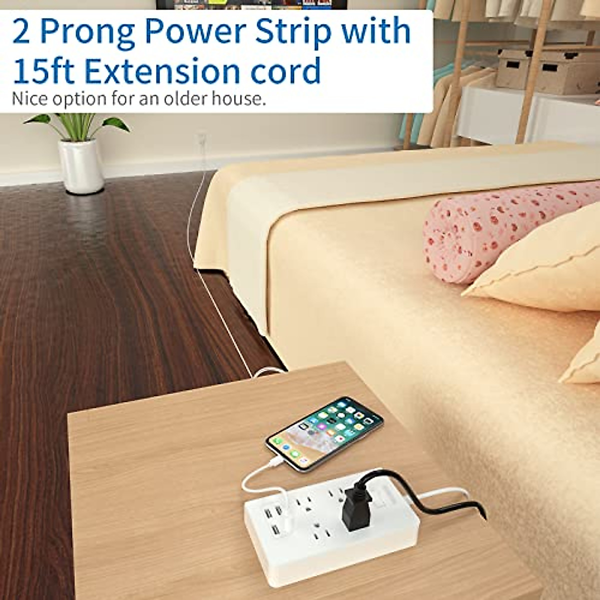 Rotating Plug 2 Prong Power Strip Surge Protector, NTONPOWER Two Prong Extension Cord 15 ft, 2 Prong to 3 Prong Outlet Adapter, 4 Outlets 4 USB Ports,Non-Grounded Outlets Ideal for Old House, White