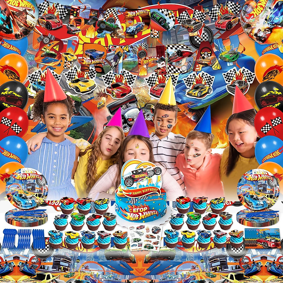 MAMESO 122Pcs Hot Car Birthday Party Supplies, Included Banner,Hanging Swirls,Tablecloth,Cake Topper,Cupcake Toppers,Temporary Tattoo, Foil Balloon,Tableware Set,Birthday Party Decoration