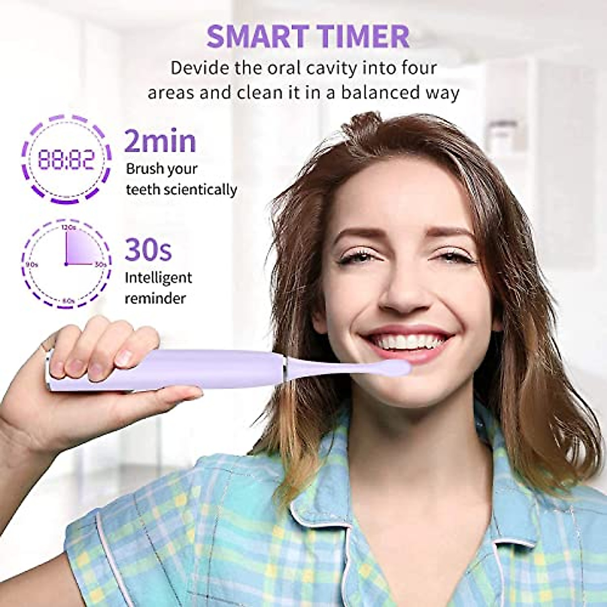 SARMOCARE Sonic Electric Toothbrush, Travel Rechargeable Toothbrushes for Adults Kids with 5 Modes and 6 Brush Heads, Waterproof,Smart Timer & Travel Case Included-Purple