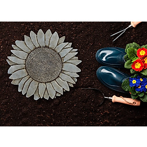 NAT & Jules Sunflower Shaped Dimensional Indoor Outdoor 12 inch Cast Resin Decorative Garden Stepping Stone, Patio, Walkway Sculpture Yard Art, Stone Grey