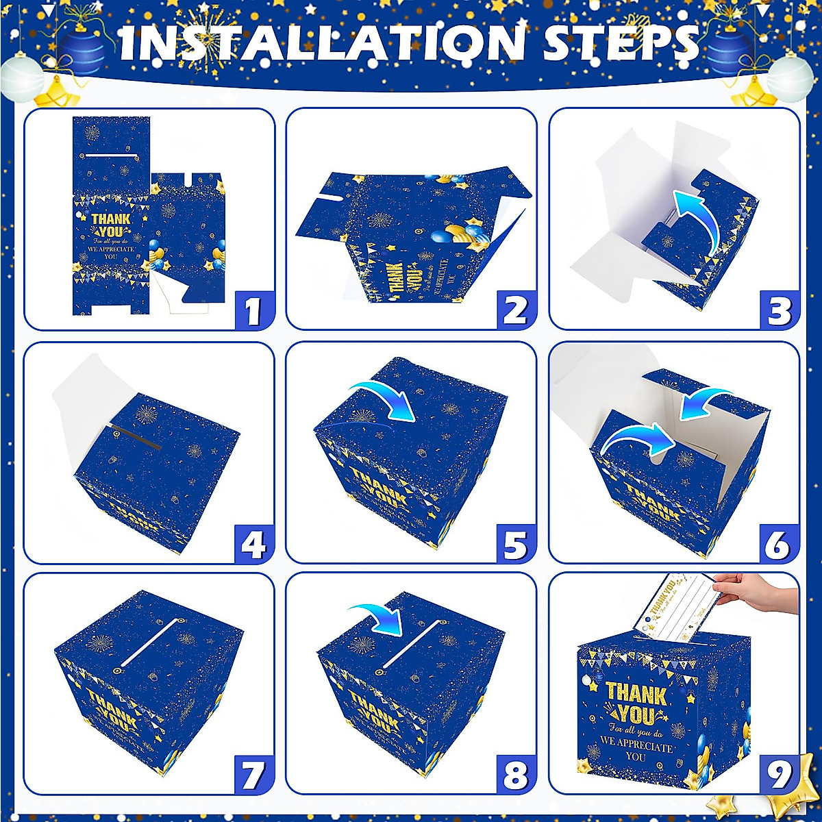 51Pcs We Appreciate You Card Box Decorations Blue Gold Thank You Party Favor Card Box with 50Pcs Thank You For All You Do Cards for Employee Staff Teacher Doctor Graduation Appreciation Party Supplies