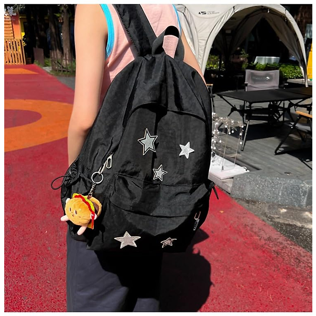 etnoreun Kawaii Backpack with Cute Accessories, Star Patterns, and Durable Nylon Material (Black 1)