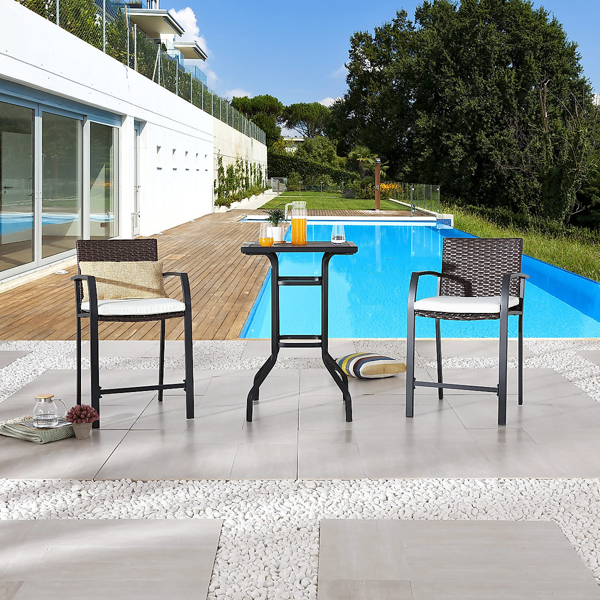 LOKATSE HOME 3 Piece Outdoor Patio Bar Stool Set with High Top Square Table Wicker Conversation Furniture, White