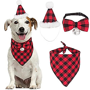 Dog Christmas Bandana Outfit Hat Bow tie Set, Pet Classic Plaid Scarf Triangle Bibs Costumes, Puppy Kerchief Apparel with Bell Decoration Accessories for Small Medium Large Dogs Cats (Red)