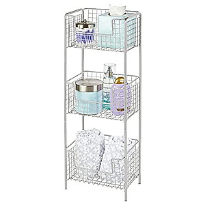 mDesign Steel Freestanding Storage Organizer Tower Rack Basket Shelf, Metal 3-Tier Furniture Unit for Master/Guest Bathroom, Powder Room - Holds Bath Towels, Soap - Concerto Collection - Stone Gray
