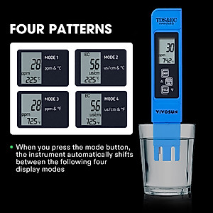 VIVOSUN PH Meter Digital PH Tester Pen, Orange and TDS Tester 3-in-1 TDS EC & Temperature Meter Ultrahigh Accuracy Digital Water Quality TDS Tester (Blue)