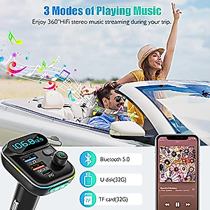 LENCENT FM Transmitter in-Car Adapter, Wireless Bluetooth 5.0 Radio Car Kit,Type-C PD + QC3.0 Fast USB Charger, Hands Free Calling, Mp3 Player Receiver Hi Fi Bass Support U Disk