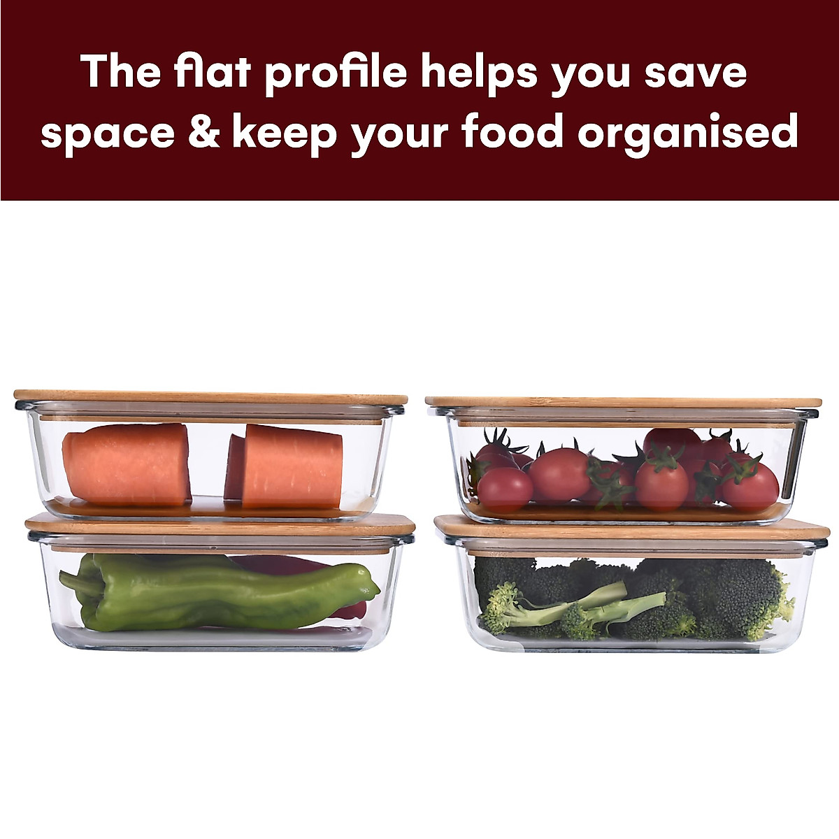 Vdomus Glass Food Storage Containers with Bamboo Lids (Pack of 4) - Stackable Meal Prep Container - Airtight Glass Food Containers - Microwave, Dishwasher Safe - Reusable Glass Lunchbox Pack - 36 Oz