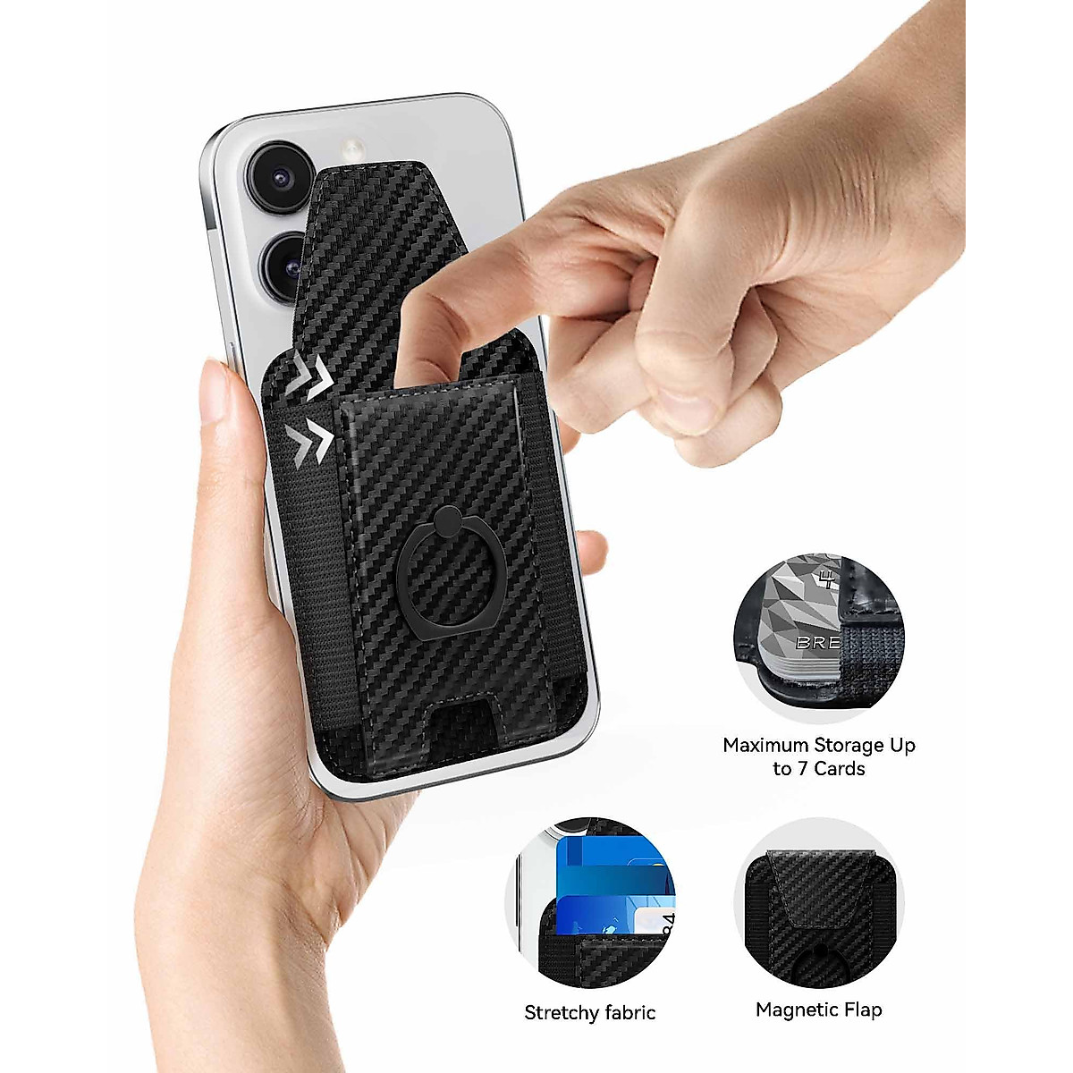 Amzone 3-in-1 Mag Safe Wallet, Leather Wallet with Phone Ring Stand, Mag Safe Wallet with Magnetic Flap for iPhone 15/14/13/12 Series, 7 Card Holder, Carbon Fibre Black