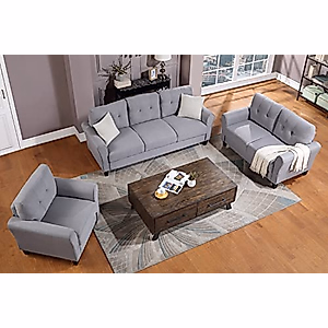 Harper & Bright Designs 3-Piece Living Room Sectional Sofa Set, Modern Style Linen Upholstered Armchair Loveseat Sofa and 3-Seat Sofa Set Sectional Couch, Light Grey-Blue