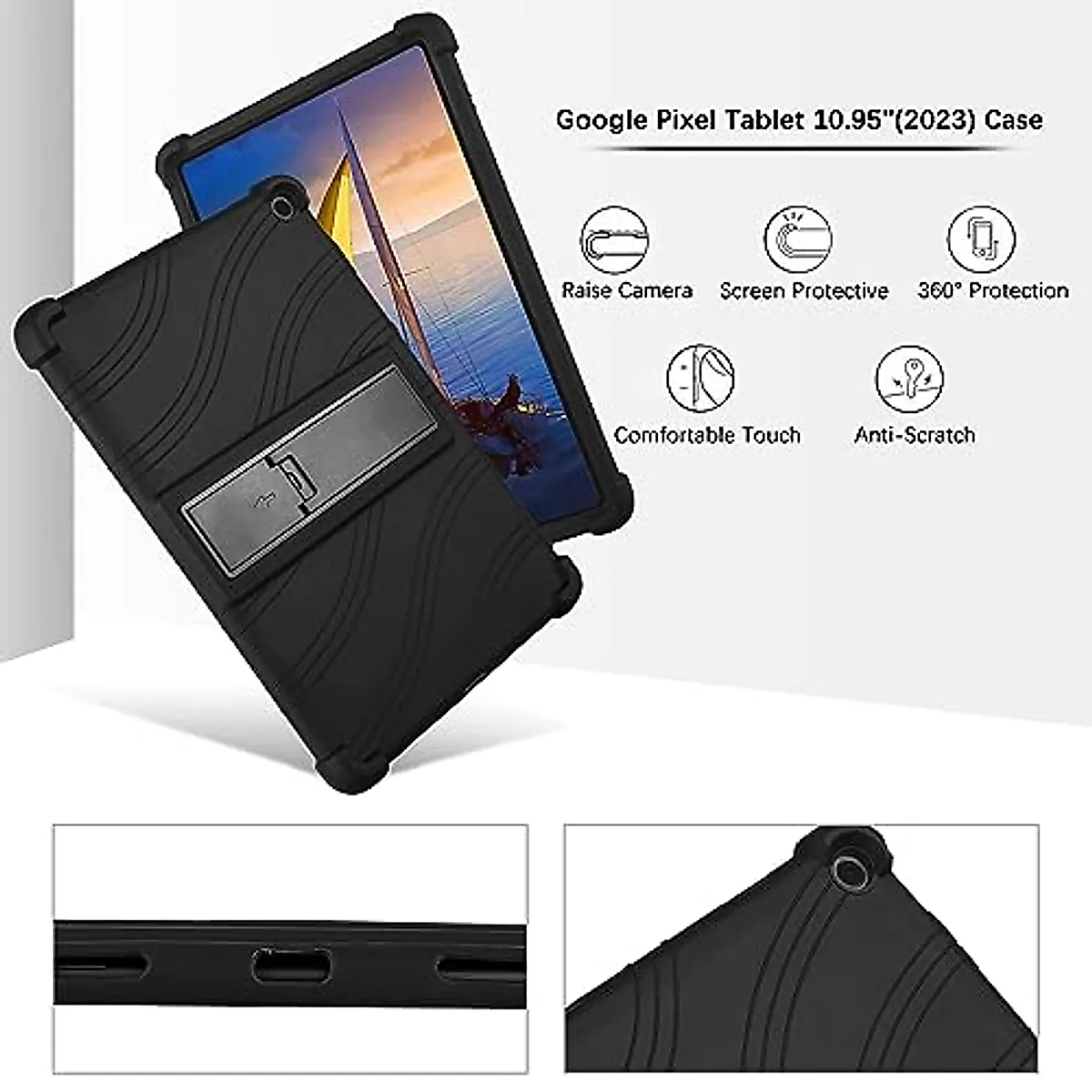 DUEDUE for Google Pixel Tablet Case 2023, Pixel Tablet 2023 Cover, Soft Silicone Adjustable Stand Cover Shockproof Gel Kickstand Tablet Cases for Pixel Tablet 11 Inch, Black