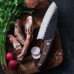 iSMLIKE 7 Inch Chef Knife Handmade Forged Retro Meat Cleaver Professional High Carbon Stainless Steel Kitchen Knives with Full Tang Wenge Wooden Handle Cooking Knife